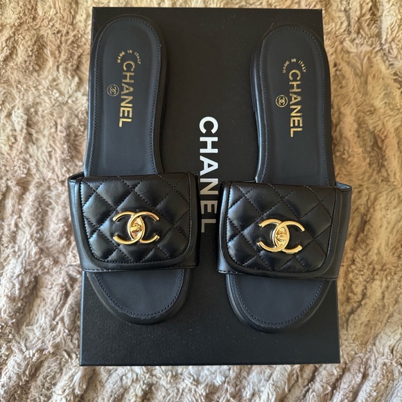 CHANEL | Shoes | Chanel Black Quilted Slides With Gold Logo | Poshmark